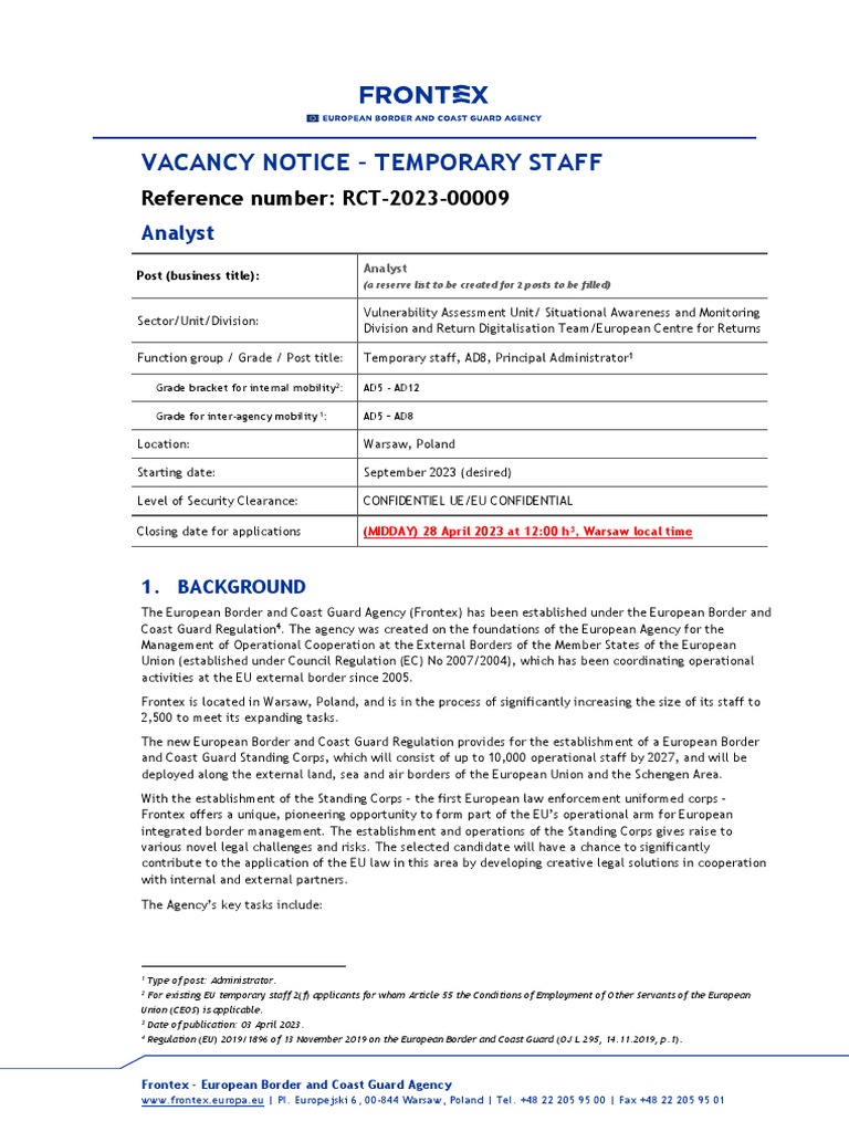 Frontex Analyst Vacancy Notice | PDF | European Union