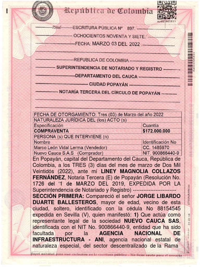 Acta de compraventa de un predio rústico ubicado en Piendamó, Cauca | PDF