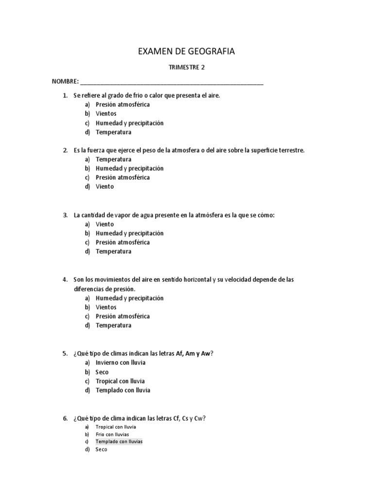 Examen de Geografia T.2 | PDF | Clima templado | Clima