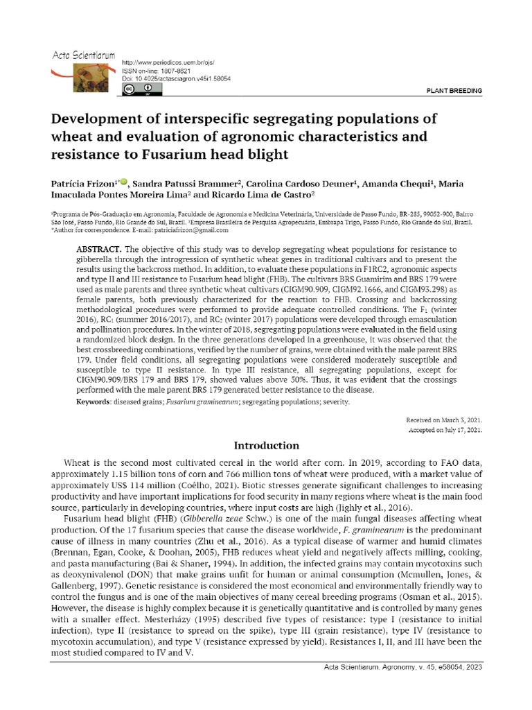 Interspecific Segregating Populations Wheat Agronomic Characteristics