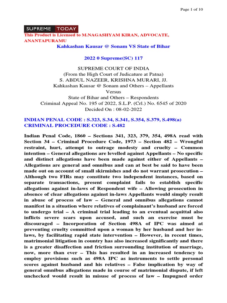 Kahkashan Kausar at Sonam VS State of Bihar PDF | PDF | Appeal | Crimes