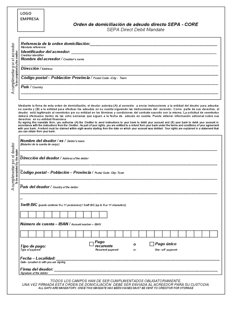 Modelo Domiciliacion Sepa Core | PDF