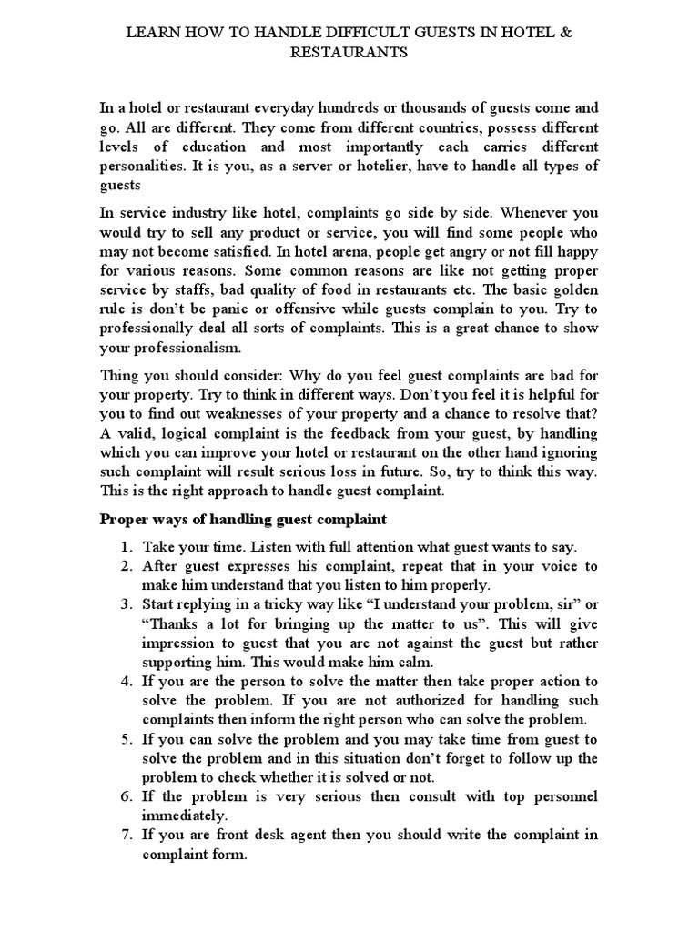 Learn How To Handle Difficult Guests in Hotel | PDF