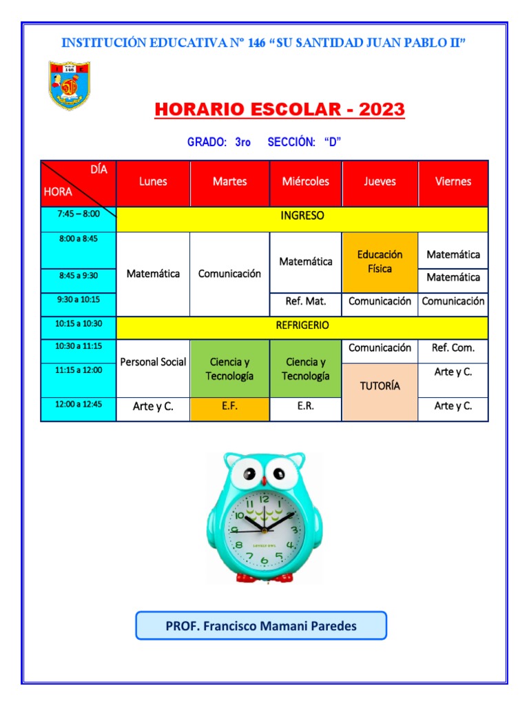 Horario Escolar 3° D PDF | PDF