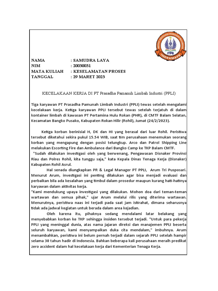 Kecelakaan Fatal di PT PPLI: 3 Tewas | PDF