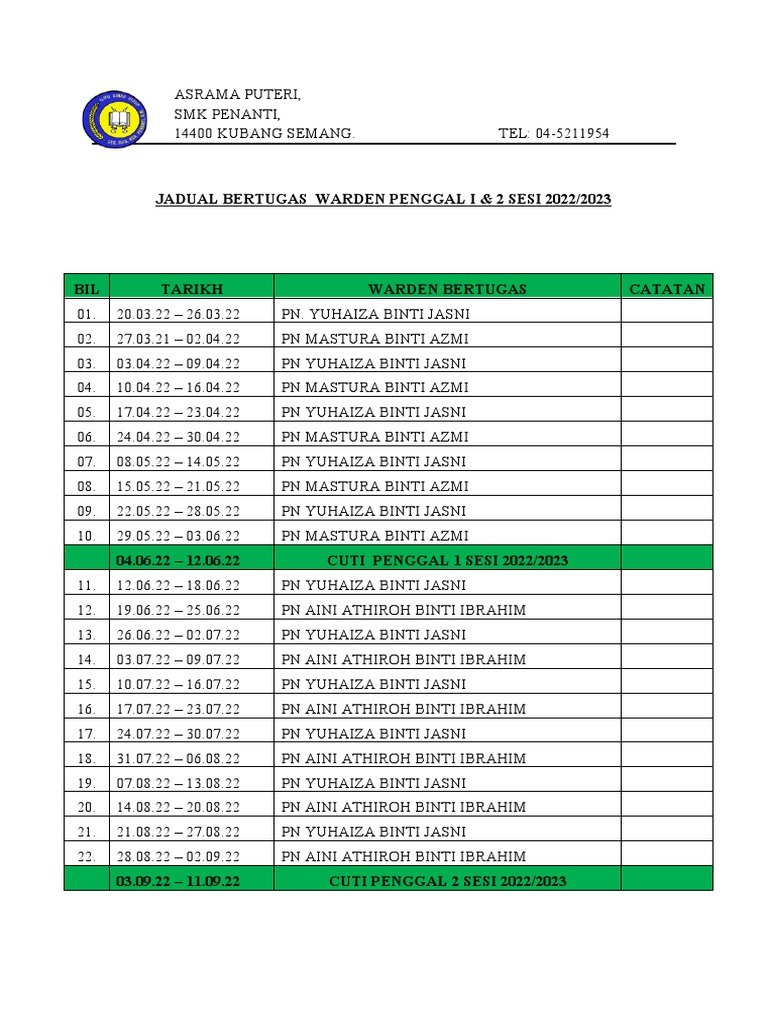 Jadual Bertugas Warden 2022 | PDF