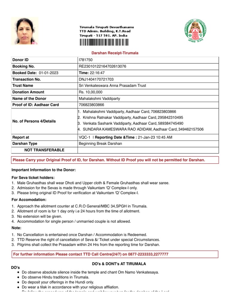 TTD Darshan Receipt PDF | PDF