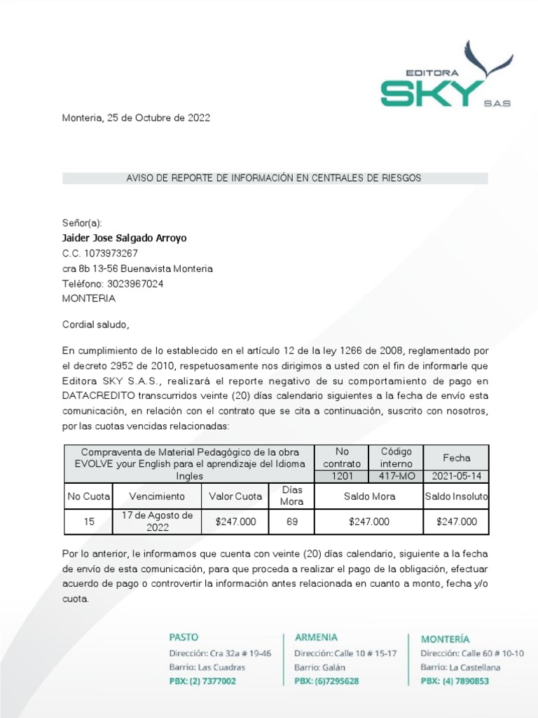 Aviso de reporte de información negativa en centrales de riesgos por ...