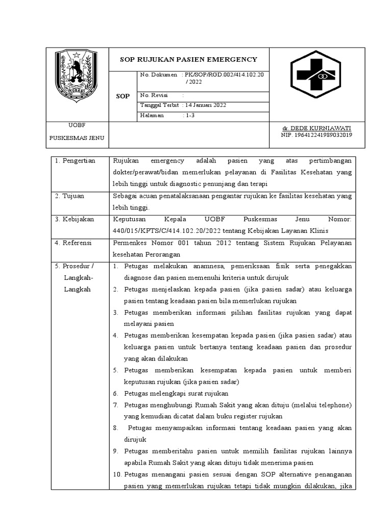 Sop Rujukan Pasien Emergency 2022 | PDF