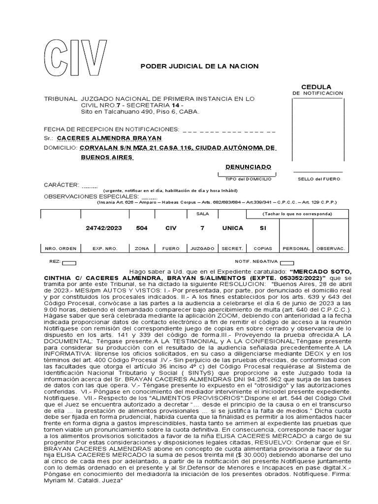 Cedula Notificación Brayan Cáceres Almendra | PDF