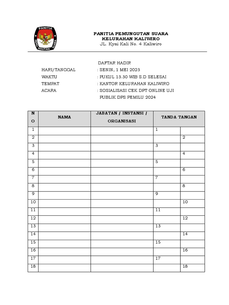 Daftar Hadir Sosialisasi Cek DPT Online dan Uji Publik DPS Pemilu 2024 di Kelurahan Kaliwiro | PDF