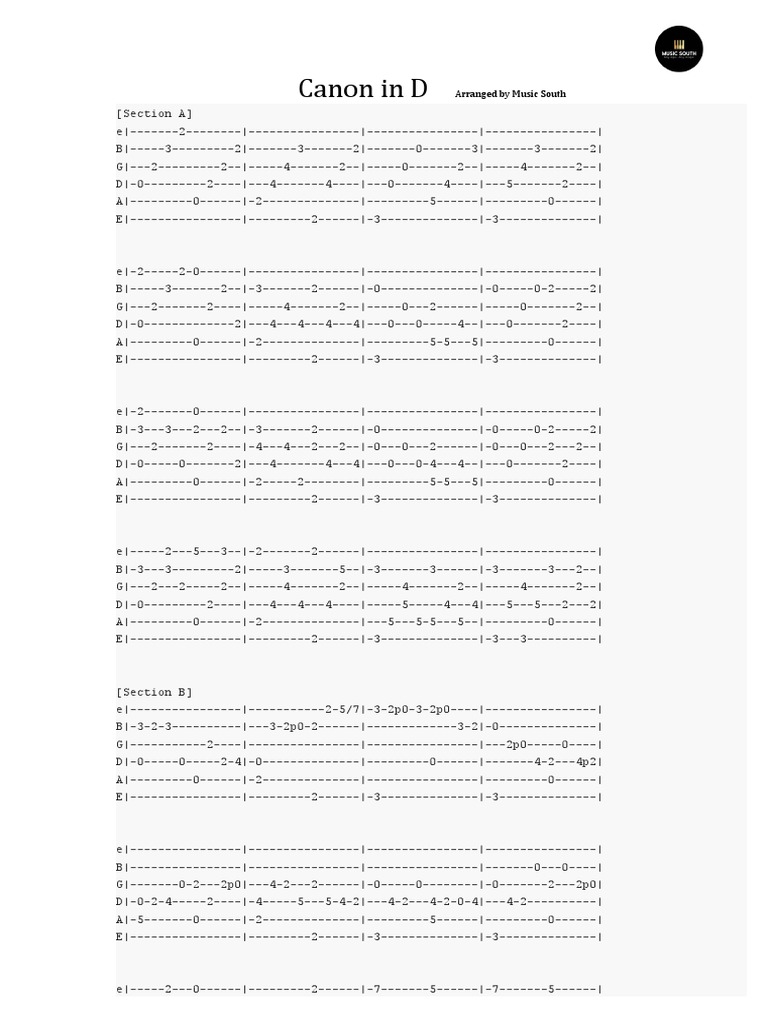 Pachelbel's Canon in D Major - Music South Arrangement | PDF