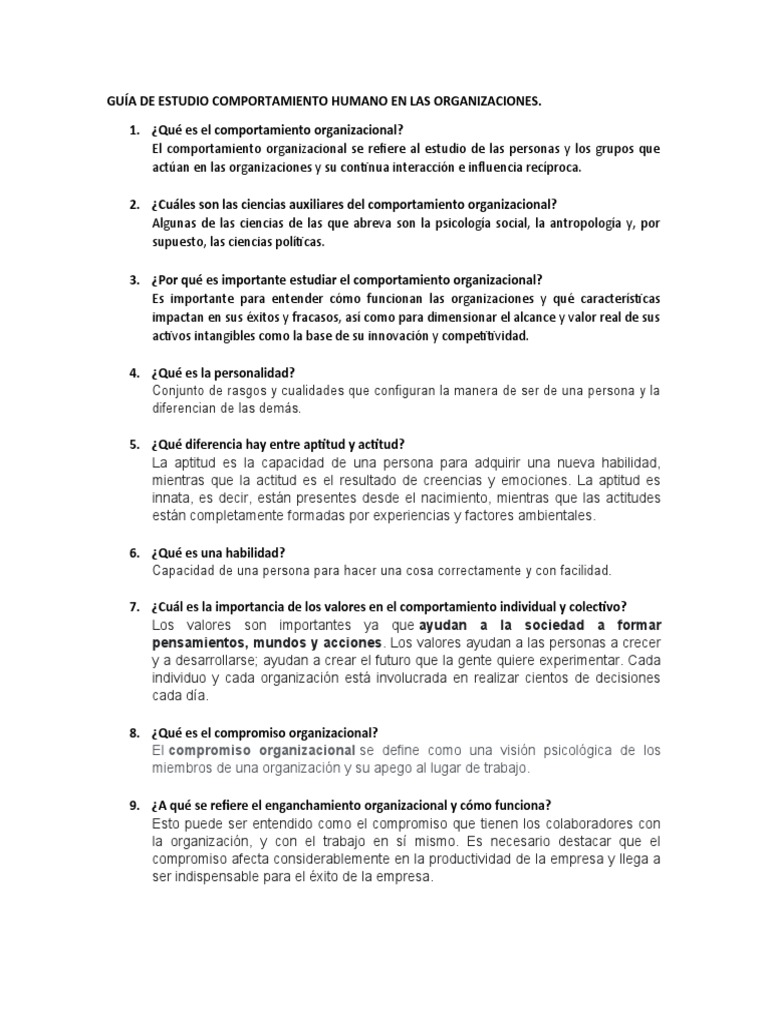Guía de Estudio Comportamiento Humano en Las Organizaciones | PDF