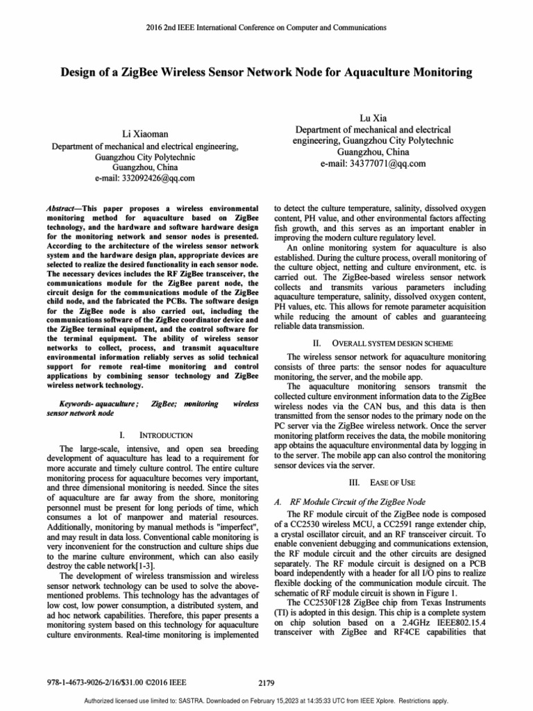 Design of A ZigBee Wireless Sensor Network Node For Aquaculture Monitoring PDF | PDF