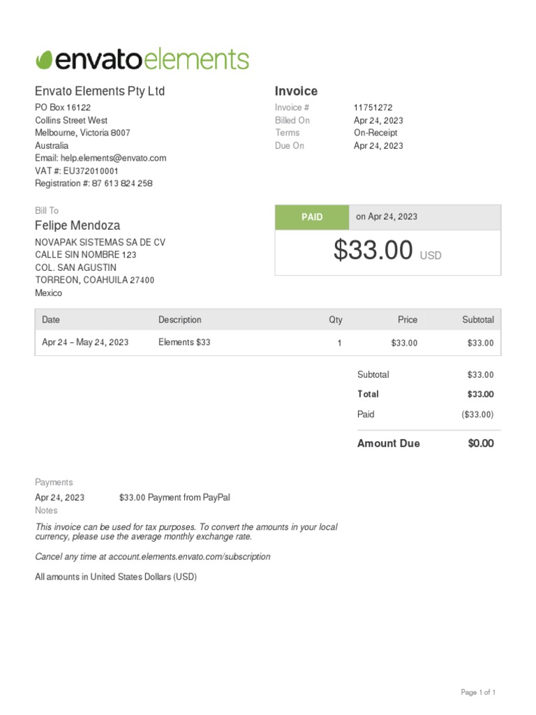 Envato Elements Invoice April 2023 | PDF