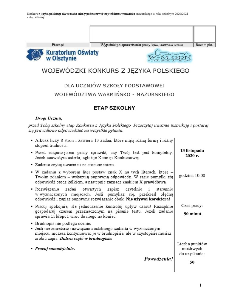 1 Polski - Arkusz Na Etap Szkolny 20 PDF | PDF