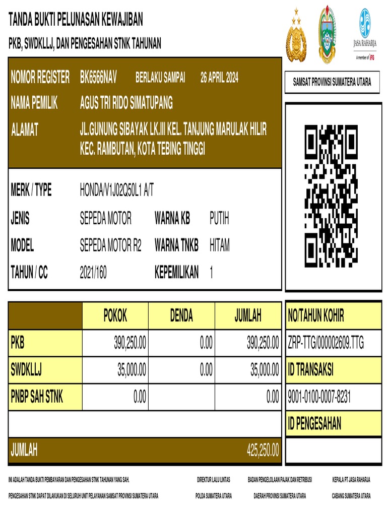 Bukti Pembayaran Samsat PDF | PDF