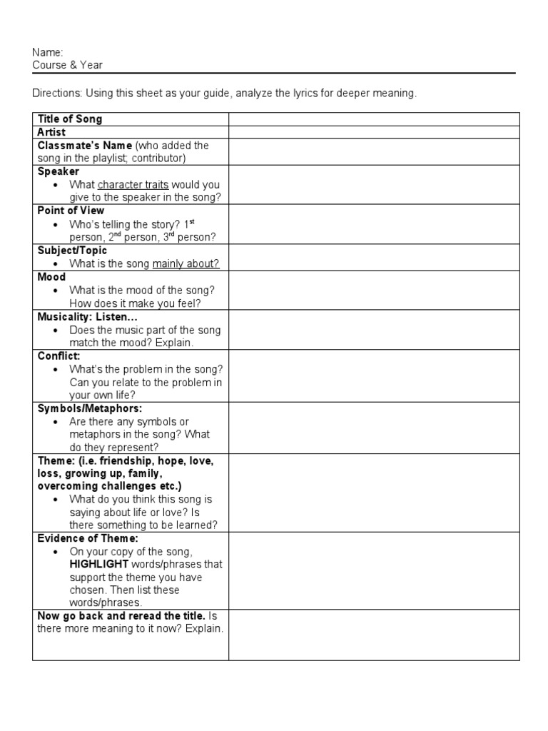 Song Analysis Worksheet | PDF