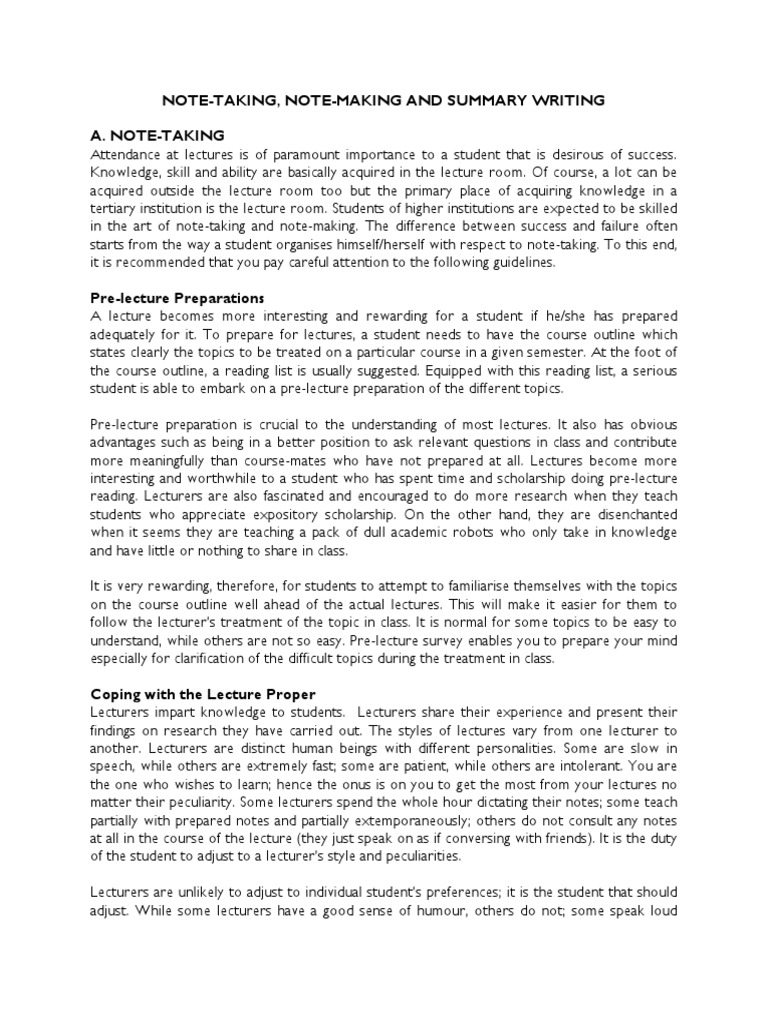 Note-Taking, Note-Making and Summary Writing - 055623 | PDF