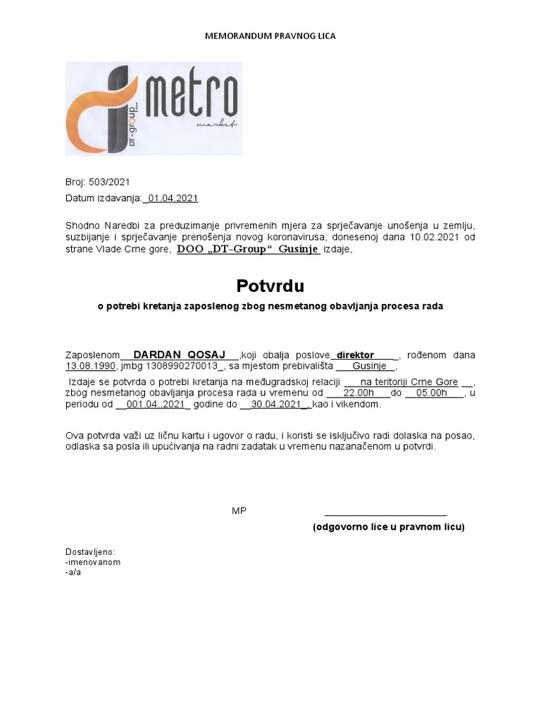 Nacrt Potvrde Za Kretanje Lica Dardan | PDF