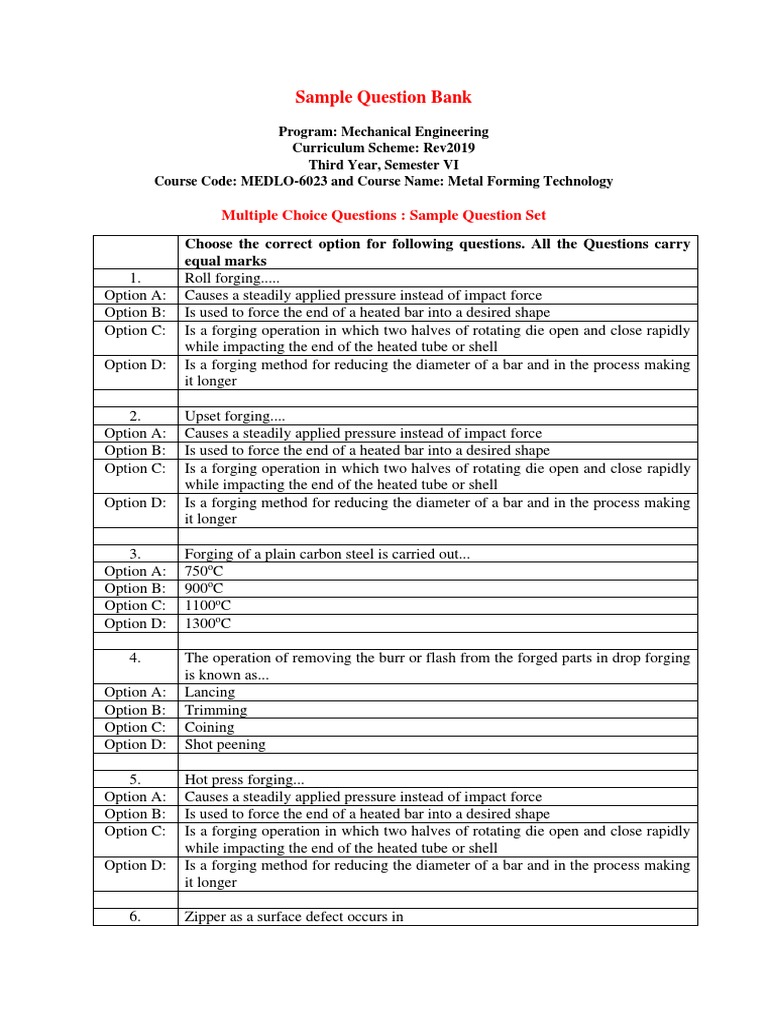 Mechanical Engineering Metal Forming Technology Sample Question Bank ...