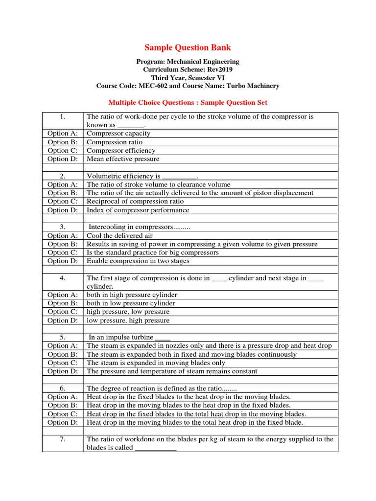 R19 - Mech - Turbo Machinery - Mechanical - Sample Questions Bank PDF | PDF