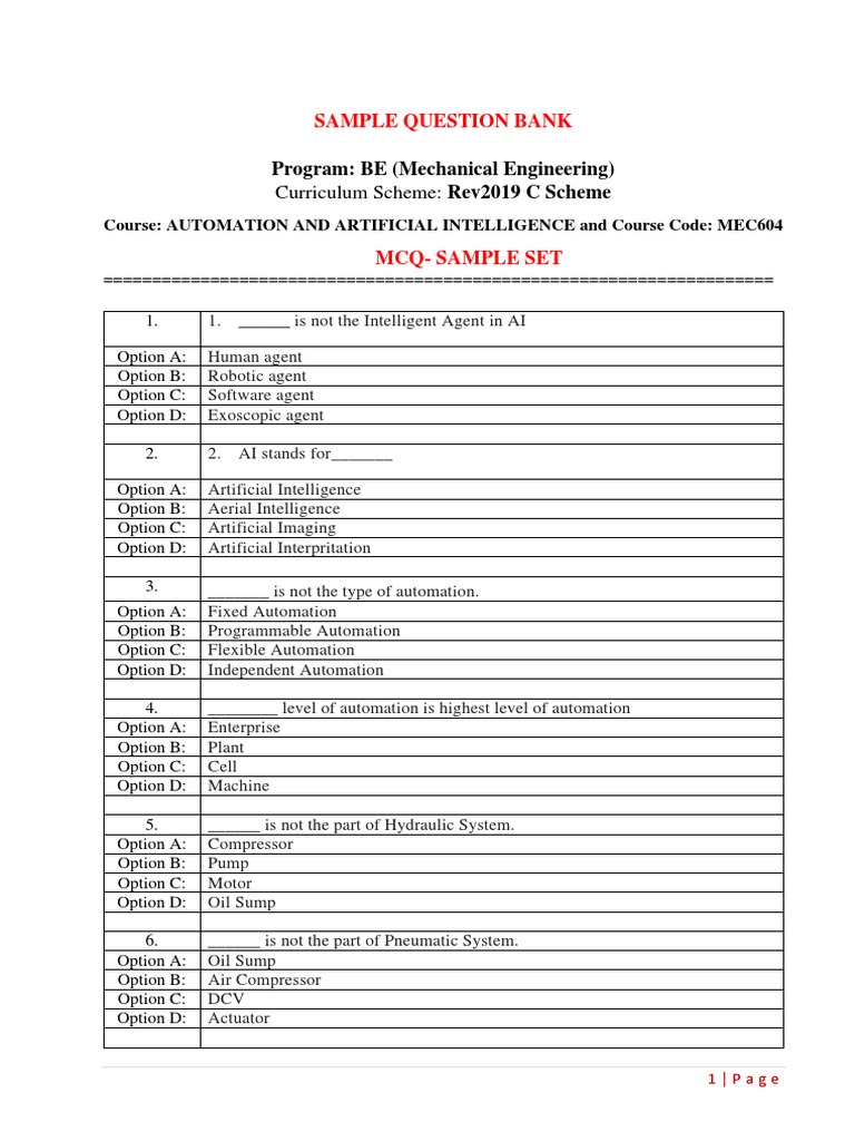 R19 - Mech - VI - AUTOMATION AND ARTIFICIAL INTELLIGENCE - Sample - Question - Bank PDF ...