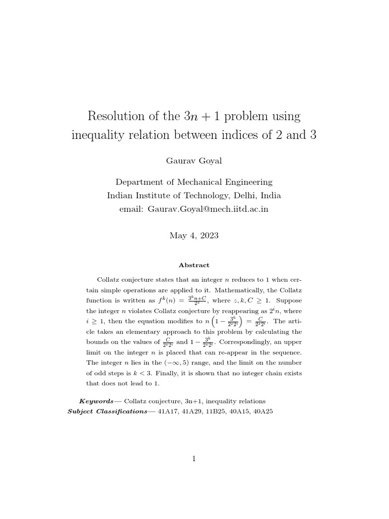 Resolution of The 3n 1 Problem Using Ine | PDF | Mathematics ... Resolution of The 3n 1 Problem Using Ine | PDF | Mathematics ...