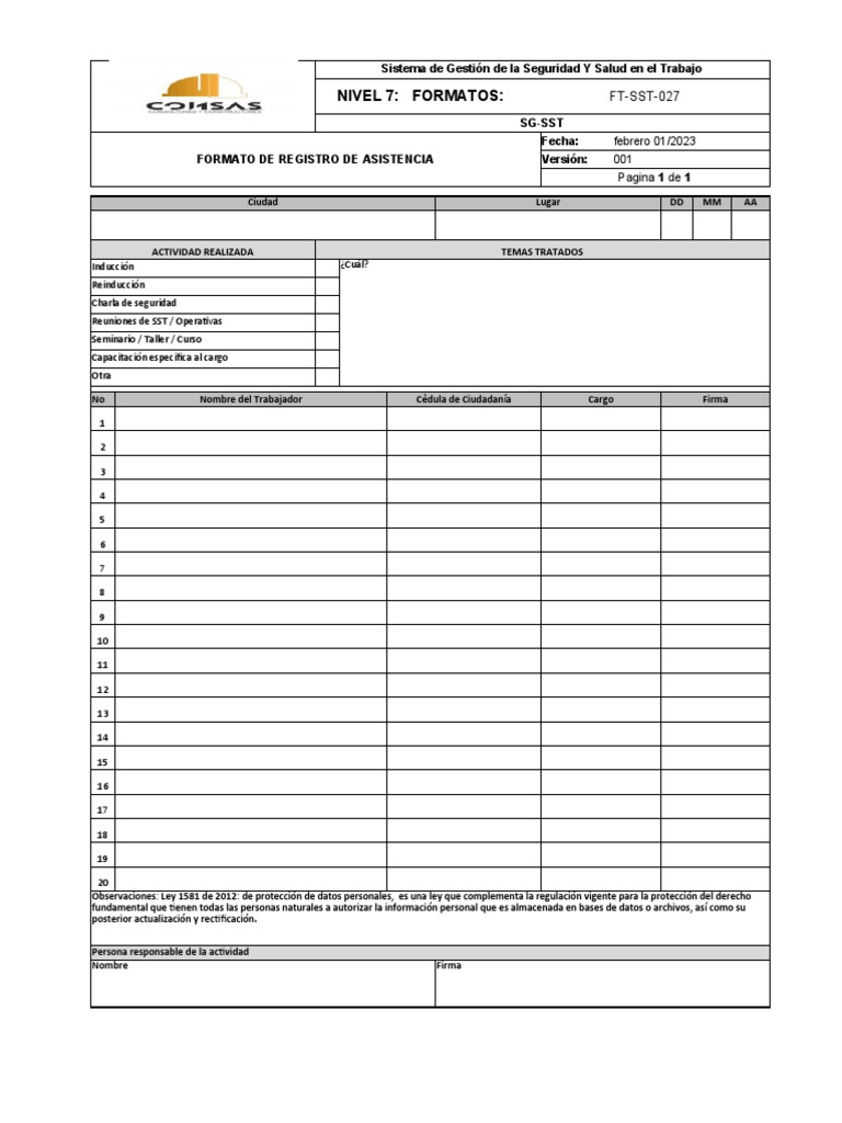FT-SST-027 Formato de Registro de Asistencia | PDF