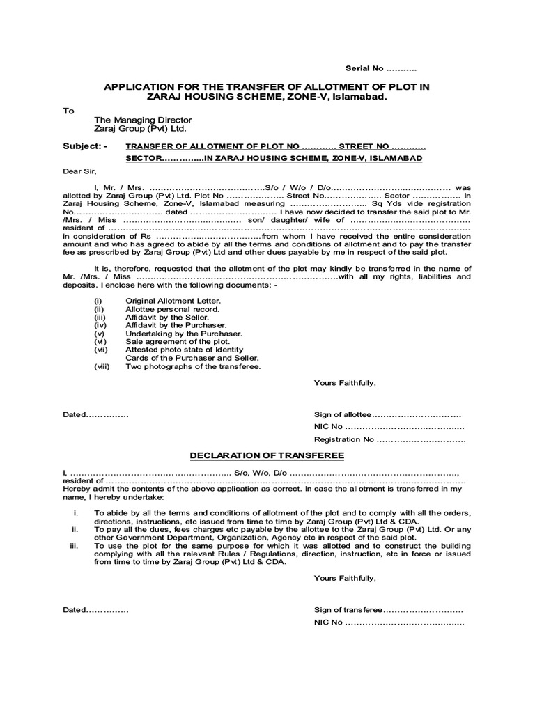 Application For The Transfer of Allotment of Plot PDF | PDF
