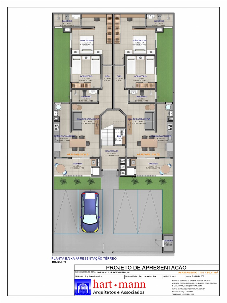 Planta baixa do apartamento 1 e 2 com detalhamento das áreas e materiais de acabamento | PDF