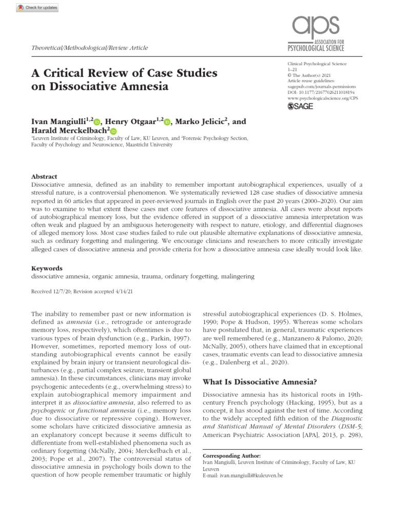 A Critical Review of Case Studies On Dissociative Amnesia | PDF