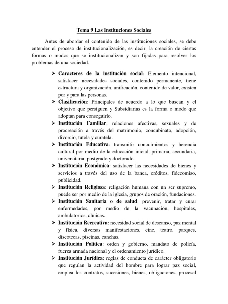 Tema 9 Las Instituciones Sociales PDF | PDF | Institución | Sociedad