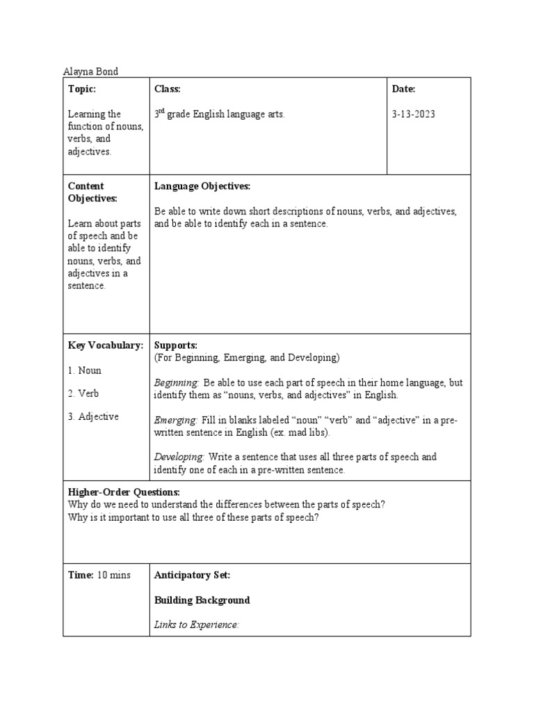 Lesson Plan Adapted For Mlls | PDF | Part Of Speech | Noun