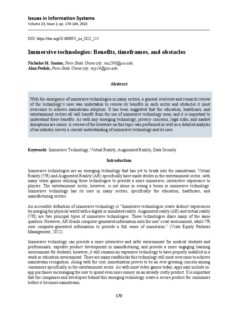 Immersive Technologies Benefits, Challenges, and Predicted Trends | PDF