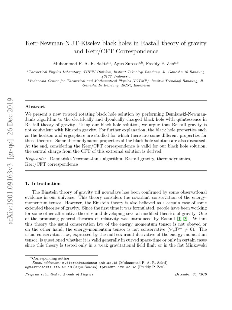 Kerr-Newman-NUT-Kiselev Black Holes in Rastall Theory of Gravity and Kerr-CFT Correspondence PDF ...