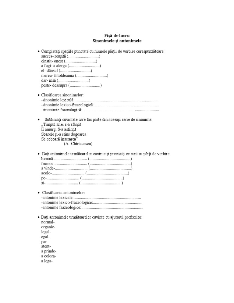 Fisa de Lucru Sinonimele Si Antonimele | PDF