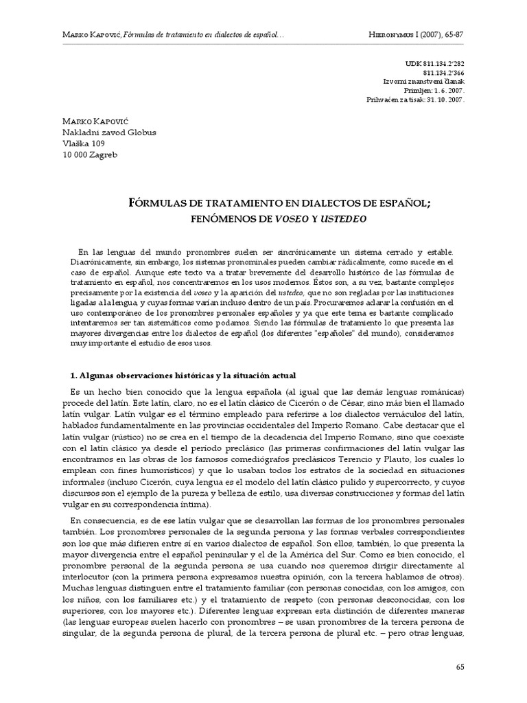 Fórmulas de tratamiento en dialectos de español; fenómenos de voseo y ...