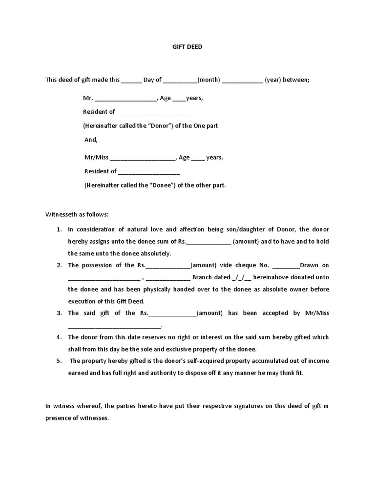 SAMPLE GIFT DEED FOR GIFTING CASH TO SONDAUGHTER LawRato | PDF