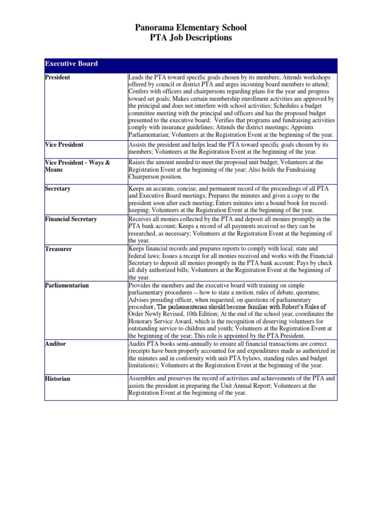 PTA Positions | PDF | Board Of Directors | Government
