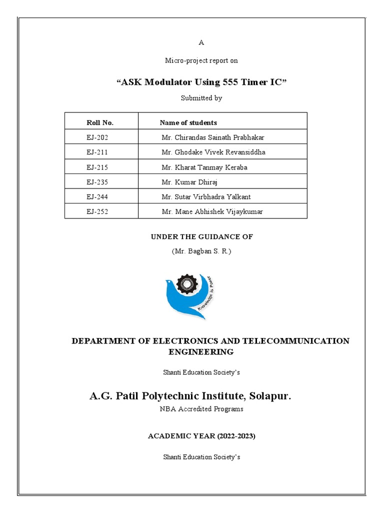 ASK Modulator Using 555 Timer IC: A.G. Patil Polytechnic Institute, Solapur | PDF