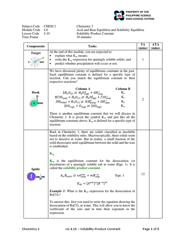 SLG Chem2 LG 4.10 Solubility Product Constant PDF | PDF