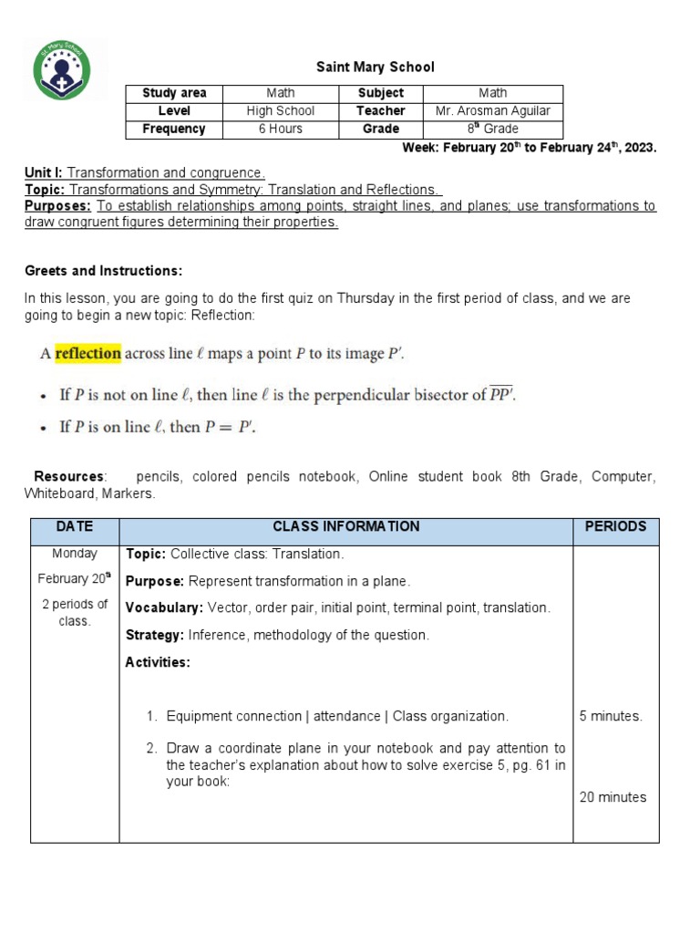 8th Grade Lesson Plan Feb 20 - Feb 24 Math | PDF