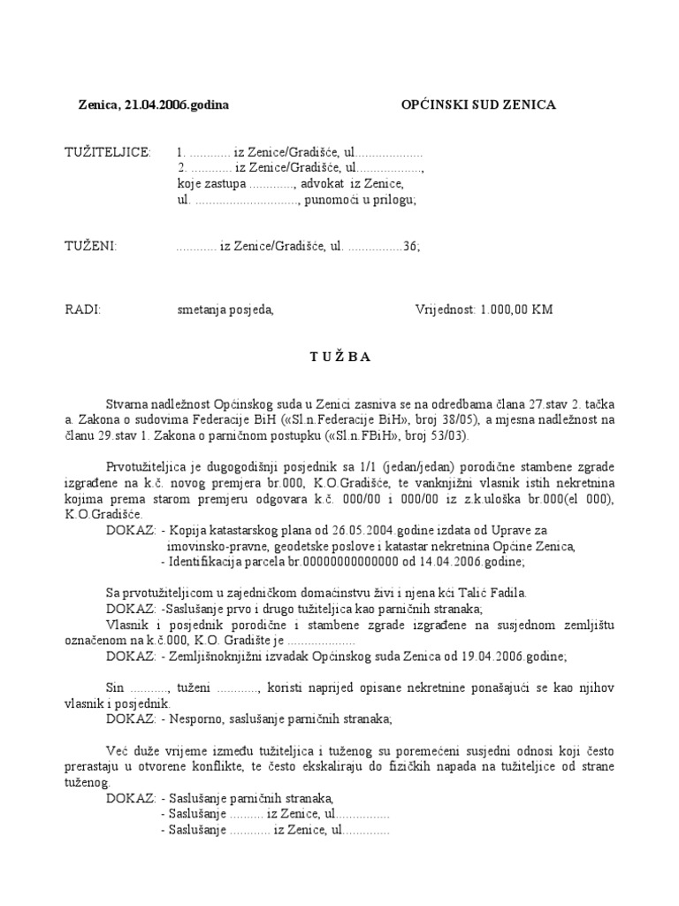 Tužba - Smetanje Posjeda | PDF