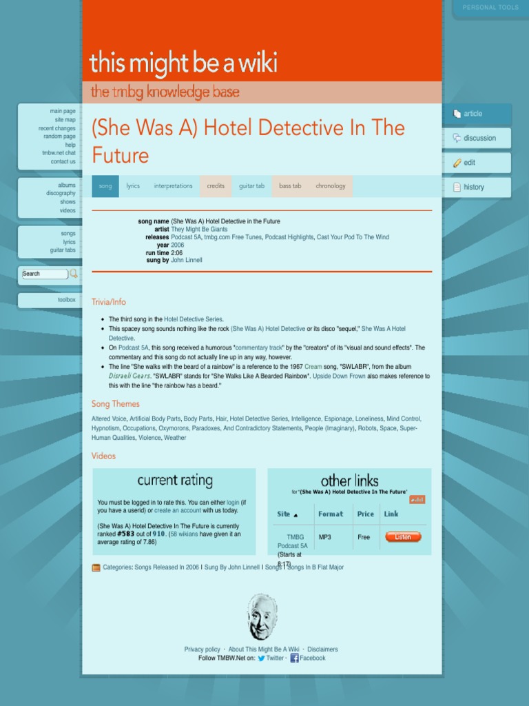 She Was A Hotel Detective In The Future Tmbw The They Might Be Giants Knowledge Base Pdf Pdf
