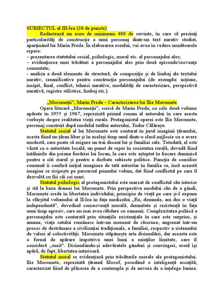 Moromeții", Caracterizarea Lui Ilie Moromete | PDF