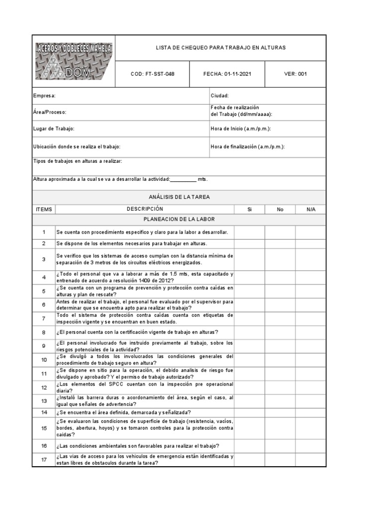 Lista de Chequeo para Trabajo en Alturas | PDF