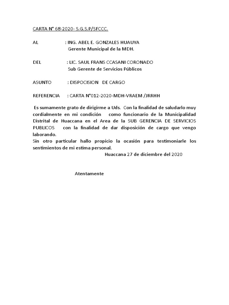 Carta de Dispocision de Cargo | PDF