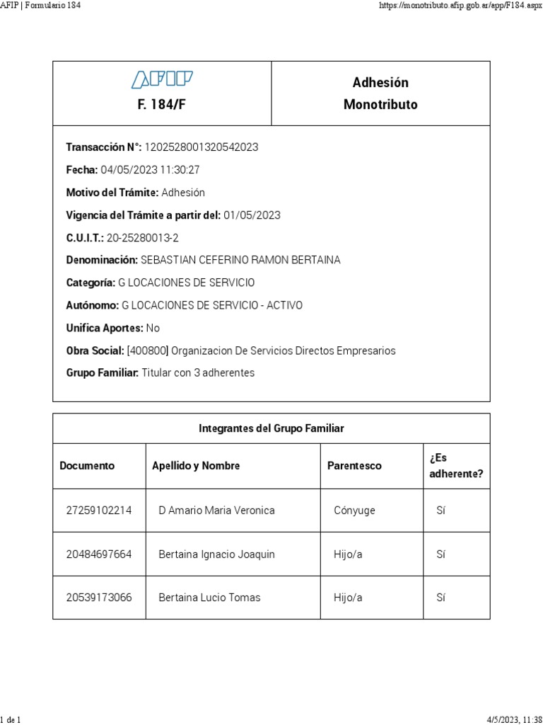 AFIP Formulario 184 PDF | PDF