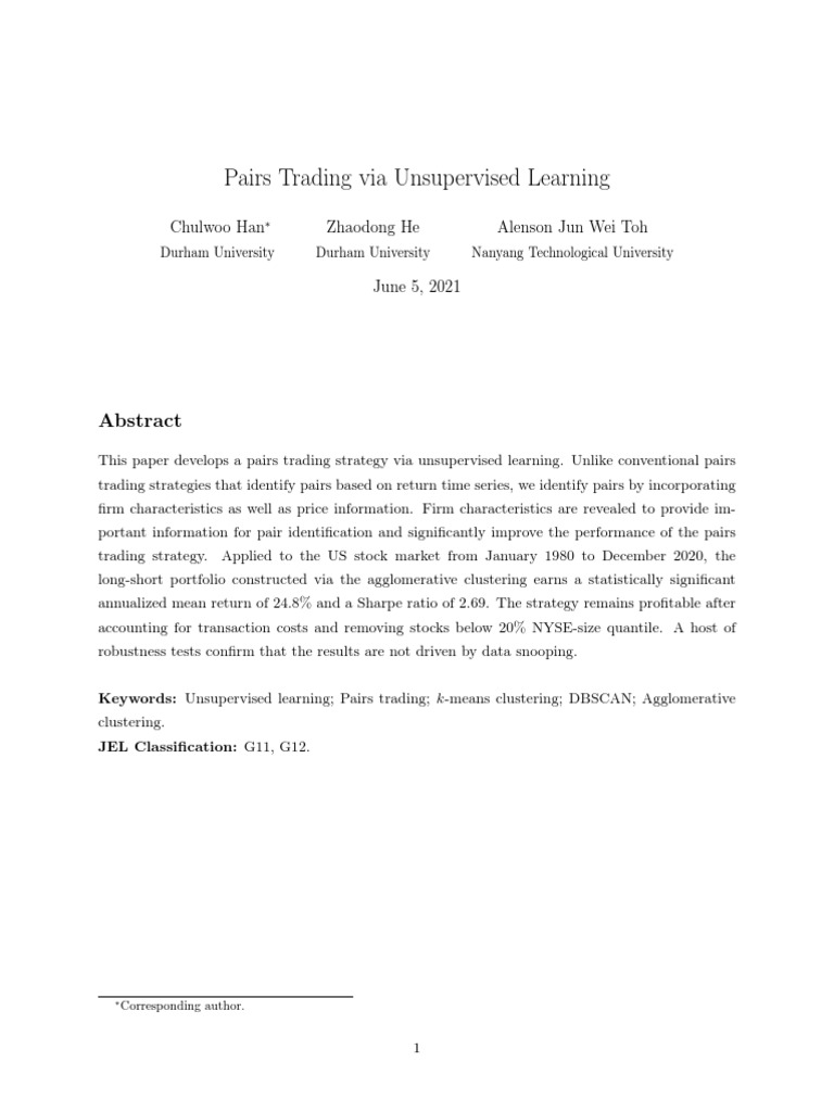 Pairs Trading Via Unsupervised Learning Author PDF | PDF